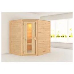 Sauna Karibu "Mia (Fronteinstieg)", beige (naturbelassen), (ohne Ofen), Saunen, inklusive Ofenschutzgitter und Tür