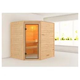Sauna Karibu "Mia (Fronteinstieg)", beige (naturbelassen), (ohne Ofen), Saunen, inklusive Ofenschutzgitter und Tür