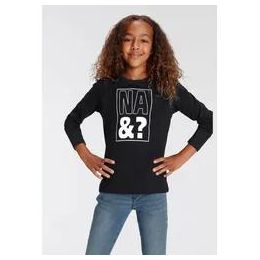 Langarmshirt Kidsworld "NA&?", Mädchen, Gr. 164/170, schwarz, Single Jersey, Obermaterial: 100% Baumwolle, bedruckt, Basic hüftlang, Rundhals, abgesteppte Kante, Shirts, langärmlig, Basic-Passform, mit Statement-Druck