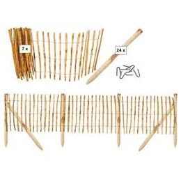 TETZNER & JENTZSCH Gartenzaun TETZNER & JENTZSCH "Rollzaun Rosswell 5", beige (naturbelassen), H:90cm, Holzwerkstoff, Zaunelemente, 90 cm hoch, 7 Elemente für 35 Meter Zaun, mit 24 Pfosten