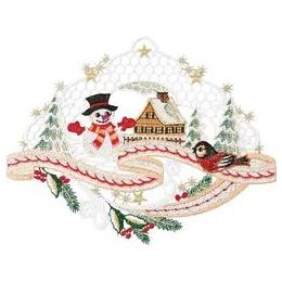 Fensterbild "Landschaft Schneemann" Gr. 1, bunt (apricot, goldfarben, rot), B:27cm H:21cm, Polyester, W. REUTER & SOHN - PLAUENER SPITZE, Fensterbilder, Made in Germany