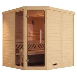 Sauna Weka "Design-Sauna KEMI Eck 1", beige (natur), ohne Ofen, ohne Steuerung, (ohne Ofen), Saunen, naturbelassenes Fichtenholz, Fensterelement, moderne Glast&uuml;r