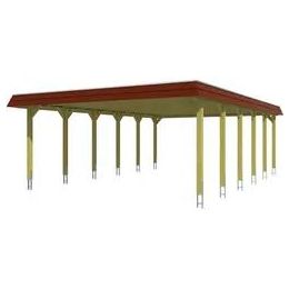 Skan Holz Doppelcarport SKANHOLZ "Spreewald", braun (nussbaum), B/H/T: 585cm x 215cm x 893cm, Carports, mit Aluminiumdach, rote Blende