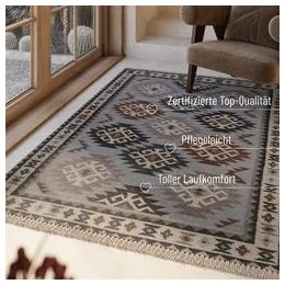 Wollteppich GREEN LOOOP "Blancard", blau (hellblau), B:80cm H:5mm L:150cm, Wolle, Teppiche, Fransen, Kelim, handgewebt, Natur, Wohnzimmer, Schlafzimmer, Ethno