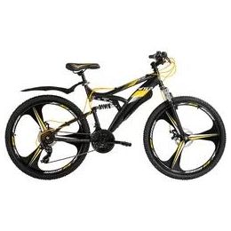 Mountainbike WYLD "Mountainbike Fully 26'' Bliss schwarz-gelb 21 Gänge" Gr. 47, schwarz (schwarz, schwarz), Fahrräder, 47cm, 26 Zoll (66,04cm) hinten: 26 Zoll (66,04cm)