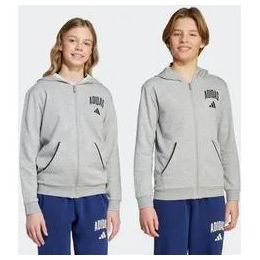Kapuzensweatshirt Adidas SPORTSWEAR "J CLGT FT FZ", Kinder, Gr. 152, schwarz (medium grau heather, schwarz), Obermaterial: 70% Baumwolle, 30% Polyester, Sportlich, Rundhals, Sweatshirts
