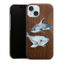 DeinDesign iPhone 15 Handy Holz Hülle Holz Schutzhülle Echtholz Handyhülle Wale Water Colour Ocean Holz Slim Case