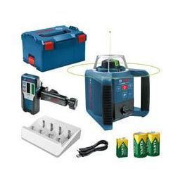 Bosch Rotationslaser GRL 300 HVG Professional, mit Halterung blau/schwarz, gr&uuml;ne Laserlinie, mit Laser-Empf&auml;nger LR 1, VARTA Ladeger&auml;t + Akkus, in L-BOXX