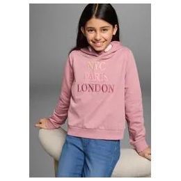Kapuzensweatshirt Kidsworld "NYC Paris London - Stickerei", M&auml;dchen, Gr. 152/158, rosa (altrosa), Sweatware, Obermaterial: 100% Baumwolle, bestickt, gerade taillenbedeckt, B&uuml;ndchen, Sweatshirts, Langarm, gerade Passform, bedruckt, Kapuze, aus Baumwolle