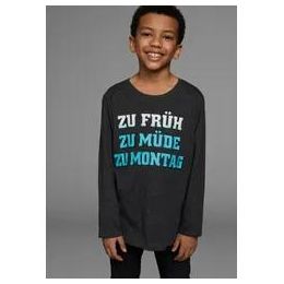 Langarmshirt Kidsworld "ZU FRÜH, ZU MÜDE, ZU MONTAG", Jungen, Gr. 152/158, grau (anthrazit, meliert), Jersey, Obermaterial: 60% Baumwolle, 40% Polyester, bedruckt, Basic, Rundhals, Shirts, Langarm, Basic-Passform, mit stylischem Druck, Rundhalsausschnitt