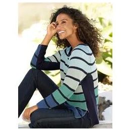 Rundhalspullover Heine "Pullover", Damen, Gr. 40, blau (salbei, marine, geringelt), 100% Baumwolle, bedruckt, gemustert, gestreift, mehrfarbig, Pullover