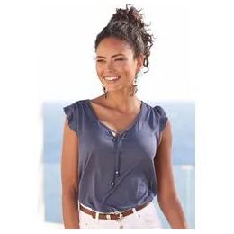 Strandshirt Buffalo, Damen, Gr. 48/50, blau (indigo), Jersey, Obermaterial: 100% Viskose. Spitze: 84% Baumwolle, 16% Polyamid, unifarben, Modisch, figurumspielend hüftlang, tiefer Rundhals, Shirts, mit Spitzeneinsatz am Rücken und Rüschendetail, Kurzarmshirt
