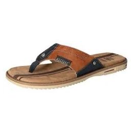 Zehentrenner Mustang SHOES, Herren, Gr. 48, blau (cognacfarben, navy), Lederimitat, kontrastfarbene Details, Schuhe, Sommerschuh, Schlappen, Poolslides, Badeschuh, stylische Farbkombi