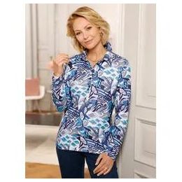 Poloshirt Classic Basics "Poloshirt", Damen, Gr. 52, blau (jeansblau, ecru, bedruckt), 95% Polyester, 5% Elasthan, gemustert, mehrfarbig, Shirts