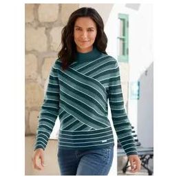 Stehkragenpullover Casual Looks "Stehkragen-Pullover", Damen, Gr. 42, grün (jade, ecru, geringelt), 80% Polyacryl, 20% Baumwolle, gemustert, Pullover