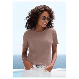 Kurzarmshirt Vivance "mit modischem Ajour-Muster", Damen, Gr. 44/46, taupe, Feinstrick, Obermaterial: 60% Baumwolle, 40% Polyester, Ajourstrickmuster, Feminin, figurumspielend, Rundhals, Shirts, aus weicher Baumwoll-Qualität