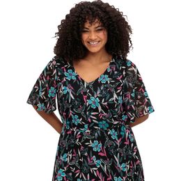 sheego by Joe Browns Damen Chiffonkleid mit Blumendruck und Fl&uuml;gel&auml;rmeln, dunkelpetrol-gemustert, Gr&ouml;&szlig;e 54