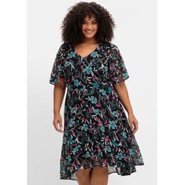sheego by Joe Browns Damen Chiffonkleid mit Blumendruck und Fl&uuml;gel&auml;rmeln, dunkelpetrol-gemustert, Gr&ouml;&szlig;e 52