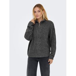 Jacqueline de Yong Stehkragenpullover JDY "JDYANDREA L/S ZIP CABLE PULLOVE KNT NOOS", Damen, Gr. M, grau (dunkelgrau melange), Strick, Obermaterial: 76% Polyacryl, 21% Polyester, 3% Elasthan, Strukturmuster, Zopfmuster, unifarben, h&uuml;ftlang, hoch geschlossener Ausschnitt, Pullover Stehkragenpullover