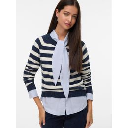 Véro Moda Rundhalspullover VERO MODA "VMDOFFY LS O-NECK BLOUSE GA NOOS", Damen, Gr. M, blau (navy blazer stripes:birch), Strick, Obermaterial: 94% Polyester, 3% Elasthan, 3% Nylon, gestreift, regular fit hüftlang, Rundhals, Rippbündchen, Pullover