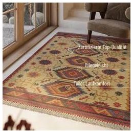 Wollteppich GREEN LOOOP "Valere", beige, B:300cm H:5mm L:400cm, Wolle, Teppiche, Fransen, Kelim, handgewebt, Natur, Wohnzimmer, Schlafzimmer, Ethno