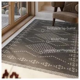 Wollteppich GREEN LOOOP "Belmont", grau (dunkelgrau), B:160cm H:5mm L:230cm, Wolle, Teppiche, Fransen, Kelim, handgewebt, Natur, Wohnzimmer, Schlafzimmer, Raute