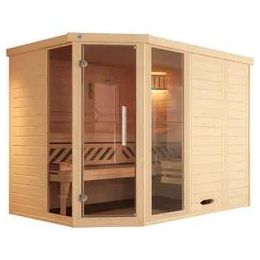 Sauna Weka "Design-Sauna KEMI Eck 2", beige (natur), Bio-Ofen, externe Steuerung, 9 kW, Saunen, Blockbohlen, vorgef. Elemente, Fensterelement, mod. Ganzglastür