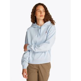 Hoodie Tommy Hilfiger "REG CONTRAST FLAG HOODIE", Damen, Gr. XL (42), blau (breezy blau), Sweatware, Obermaterial: 100% Baumwolle, unifarben, regular fit hüftlang, Bündchen, Sweatshirts, mit Logo-Flag