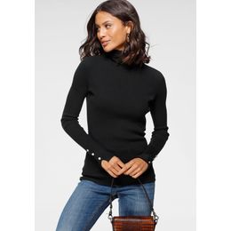 Rollkragenpullover Laura Scott, Damen, Gr. 34, schwarz, Rippstrick, Obermaterial: 70% Viskose, 30% Polyamid, clean, unifarben, figurbetont h&uuml;ftbedeckend, hoch geschlossener Ausschnitt, Pullover Rollkragenpullover, mit Wellenkante und Zierkn&ouml;pfen