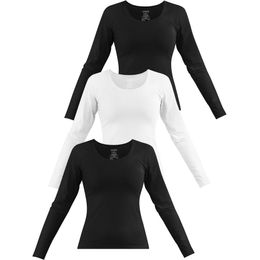 Janice 3 x Damen Langarmshirt Nimes in Schwarz/Wei&szlig;/Schwarz | Gr.: XL/XXL