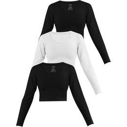 Janice 3 x Damen crop Langarmshirt Nerja in Schwarz/Wei&szlig;/Schwarz | Gr.: XL/XXL