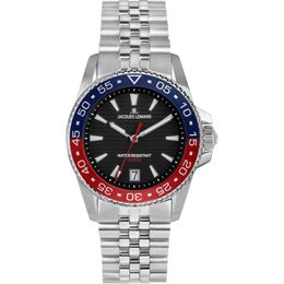 Jacques Lemans Quarzuhr »Liverpool Diver« Armbanduhr, Herrenuhr, Edelstahlarmband, analog, Tag silberfarben-blau-rot Trendstarke Armbanduhr