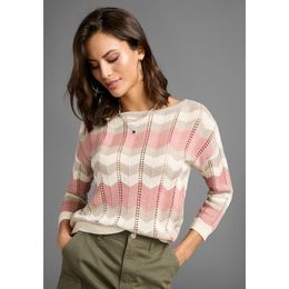 Laura Scott Strickpullover mit Ajourstrickmuster und 3/4 Ärmeln beige-weiß-rosa-gestreift 48/50 48/50 Strickpullover mit femininem Stil