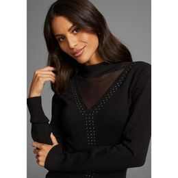 Laura Scott Damen Stehkragenpullover mit glitzernden Ziersteinen und Mesh-Applikation schwarz 34