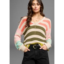 Laura Scott Strickpullover, mit bunten Streifen und tiefenm V-Ausschnitt bunt-gestreift 48/50 48/50 Strickpullover in Grobstrick f&uuml;r einen l&auml;ssigen...