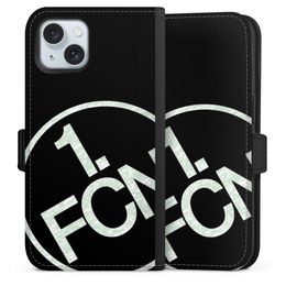 DeinDesign iPhone 15 Handy Klapph&uuml;lle Handyh&uuml;lle aus Kunst Leder schwarz Flip Case Logo 1. Fcn 1. Fc N&uuml;rnberg Sideflip mit Lasche