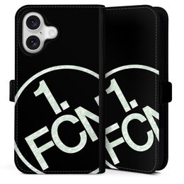 DeinDesign iPhone 16 Handy Klapph&uuml;lle Handyh&uuml;lle aus Kunst Leder schwarz Flip Case Logo 1. Fcn 1. Fc N&uuml;rnberg Sideflip mit Lasche