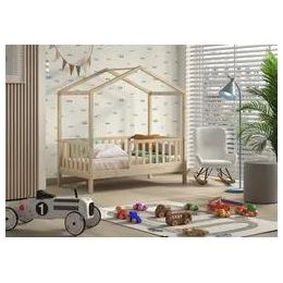 Hausbett Home Affaire "Junior Hausbett 70/140, umlaufender Rausfallschutz, stabil gebaut", beige (natur, natur, natur), B:75,8cm H:150,5cm L:148cm, Betten, inkl. Rolllattenrost und Dachaufbau
