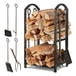 Kesser&reg; Kaminholzregal 5-teiliges Set Kaminholzst&auml;nder Feuerholzablage Brennholzregal Innen und Aussen Metall 2 Ebenen mit 4 Kaminwerkzeug f&uuml;r Kamin & Ofen, Stahl 40x30x74,5cm Verstellbar