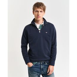 Sweatshirt Gant "REG SHIELD HALF ZIP SWEAT", Herren, Gr. L, blau (evening blau), Sweatware, Obermaterial: 87% Baumwolle, 13% Polyester, unifarben, regular fit hüftlang, hoch geschlossener Ausschnitt, elastischer Bund, Sweatshirts, mit Logostickerei auf der Brust