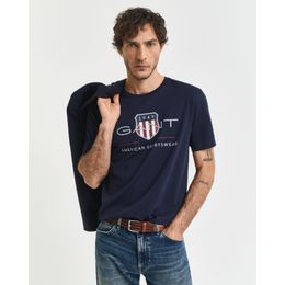 T-Shirt Gant "REG ARCHIVE SHIELD SS T-SHIRT", Damen, Gr. 5XL, blau (evening blau), Jersey, Obermaterial: 100% Baumwolle, bedruckt, regular fit hüftlang, Rundhals, abgesteppte Kante, Shirts T-Shirt, mit Logodruck auf der Brust