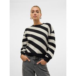 Véro Moda Rundhalspullover VERO MODA "VMLARA LS O-NECK PULLOVER GA BOO REP", Damen, Gr. M, schwarz stripes:with birch, Strick, Obermaterial: 58% Polyester, 38% Polyacryl, 4% Elasthan, gestreift, regular fit, Rundhals, Rippstrickbündchen, Pullover