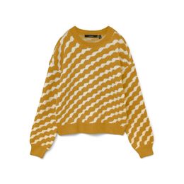 V&eacute;ro Moda Rundhalspullover VERO MODA "VMLARA LS O-NECK PULLOVER GA BOO REP", Damen, Gr. XS, harvest gold detail:with birch wave pattern, Strick, Obermaterial: 58% Polyester, 38% Polyacryl, 4% Elasthan, gemustert, regular fit normal, Rundhals, Rippstrickb&uuml;ndchen, Pullover Rundhalspullover