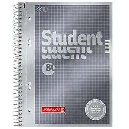Brunnen Student Premium Notizbuch DIN A5 Kariert Spiralbindung Pappkarton Anthrazit-Metallic Perforiert 160 Seiten 80 Blatt
