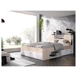 Bett mit Kopfteil, Stauraum & Schubladen + Lattenrost - 160 x 200 cm - Weiß & Naturfarben - LEANDRE