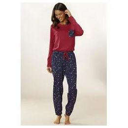 Pyjama Vivance DREAMS, Damen, Gr. 40/42, rot (rot, navy), Single Jersey, Obermaterial: 100% Baumwolle, bequem lang, Rundhals, Homewear-Sets Pyjama, mit niedlichem Herzen-Sterne-Druck