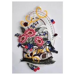 Fensterbild Stickereien Plauen "Vogel auf Schuh", bunt, B:22cm H:32cm, Polyester, Fensterbilder