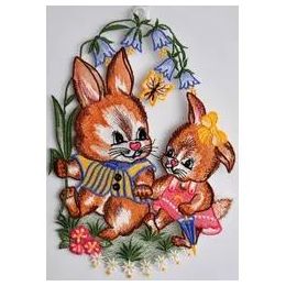 Fensterbild Stickereien Plauen "Fensterbild Osterhasen" Gr. 1, bunt, B:35cm H:23cm, Polyester, Fensterbilder, Echte Plauener Spitze