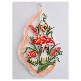 Fensterbild Stickereien Plauen "Pilze" Gr. 1, rot, B:20cm H:30cm, Polyester, Fensterbilder, mit echter Plauener Spitze Stickerei