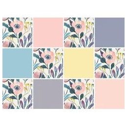 Fliesenaufkleber queence "Pflanze", bunt (lila, gelb,rosa, blau), B:15cm H:15cm T:0,1cm, Fliesenaufkleber, Stickerfliesen, selbstklebend, Sticker, 12er Set